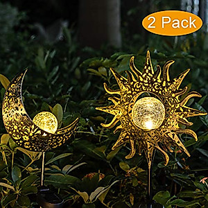 Amugmilk Solar Lights Outdoor Garden Decor Art,Waterproof Metal Sun Moon Decorative Stakes for Walkway,Yard,Lawn,Patio(2 Pack)