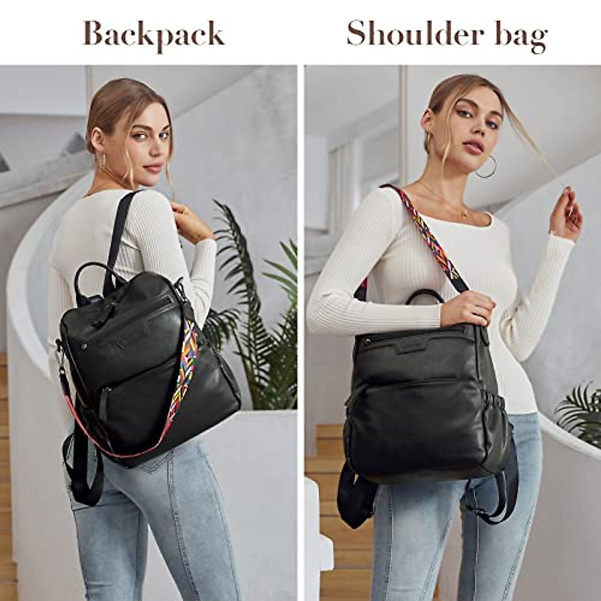 BOSTANTEN Backpack Purse for Women Fashion Designer Travel Backpack Leather Convertible Shoulder Bags Casual Daypack Black