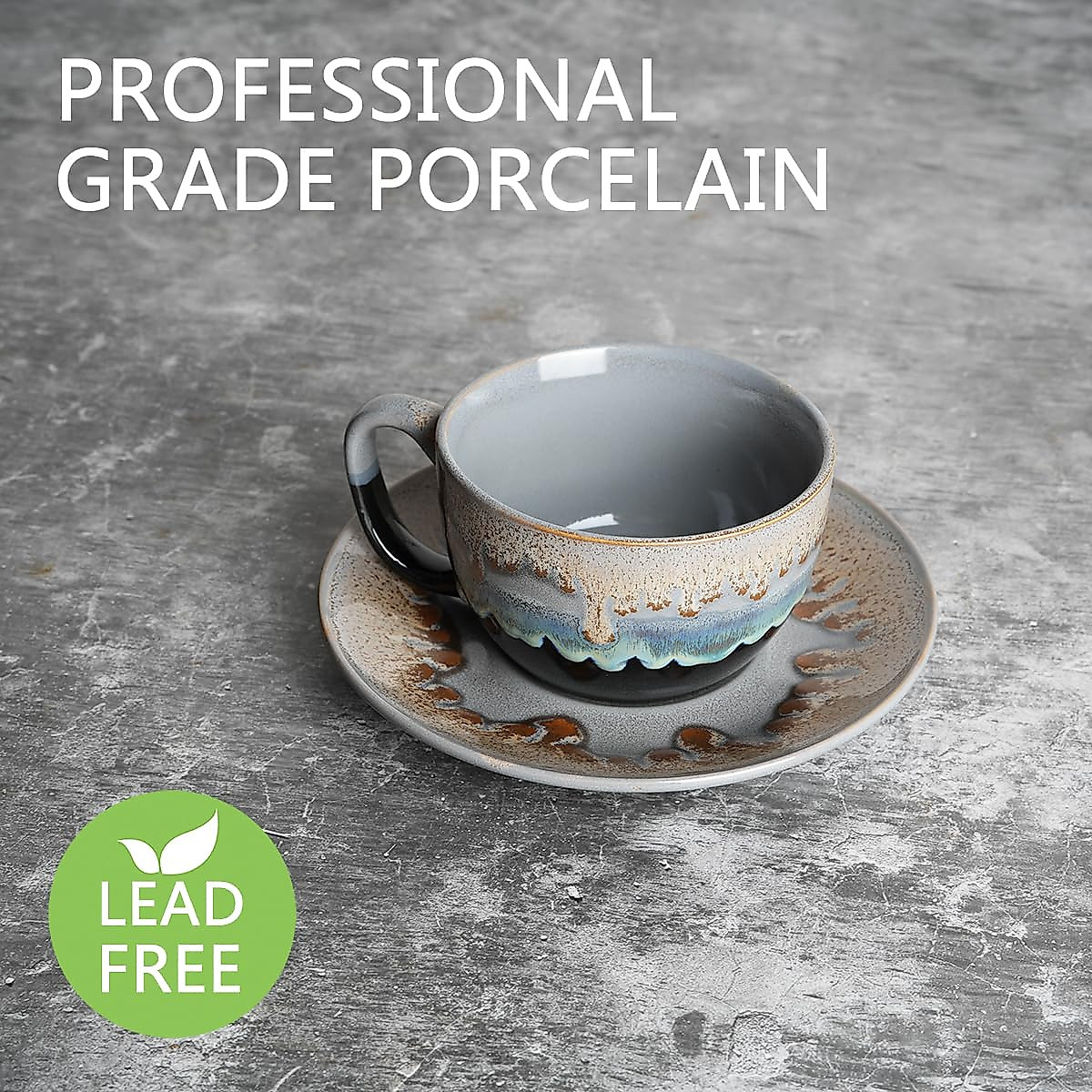 Bosmarlin Ceramic Cappuccino Cup and Saucer Set of 2, 10 Oz, Dishwasher and Microwave Safe, Coffee Cups for Latte, Espresso, Tea, Reavtive Glaze (Grey, 10 oz)