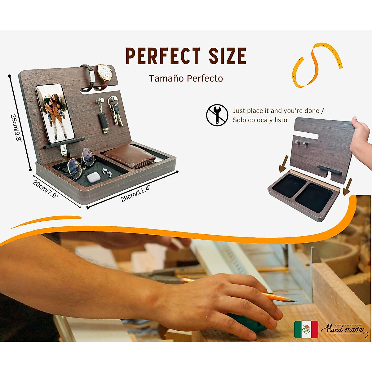 Namore | Gift for Men Husband, Anniversary, Birthday | Wood Phone Docking Station | Ideal as Office and Nightstand Organizer | Organize your Watch, Wallet, Cellphone, Keys, Airpods