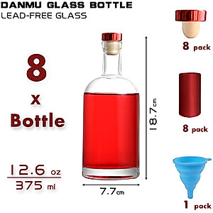 Danmu 8 Pack Glass Bottles, 12.6oz Glass Bottles with Cork,Glass Bottles with Lids,Wine Bottles,Sauce Bottles,Shrink Capsules Included,375ml Glass Bottles for Decorations, Party Favors