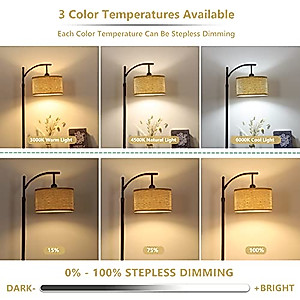 LAMSU Boho Arc Floor Lamp with Remote, Rattan Farmhouse Standing Lamps with Dimmable LED Bulb, Modern Black Tall Lamp with Woven Shade for Living Room Bedroom Office, App Control, Height Adjustable