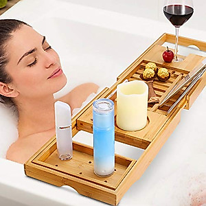 Bathtub Caddy Tray, Bamboo Bath Tray Table Extendable Reading Rack Tablet Phone Holder Wine Glass Holder Shelf Desk Bathroom Spa
