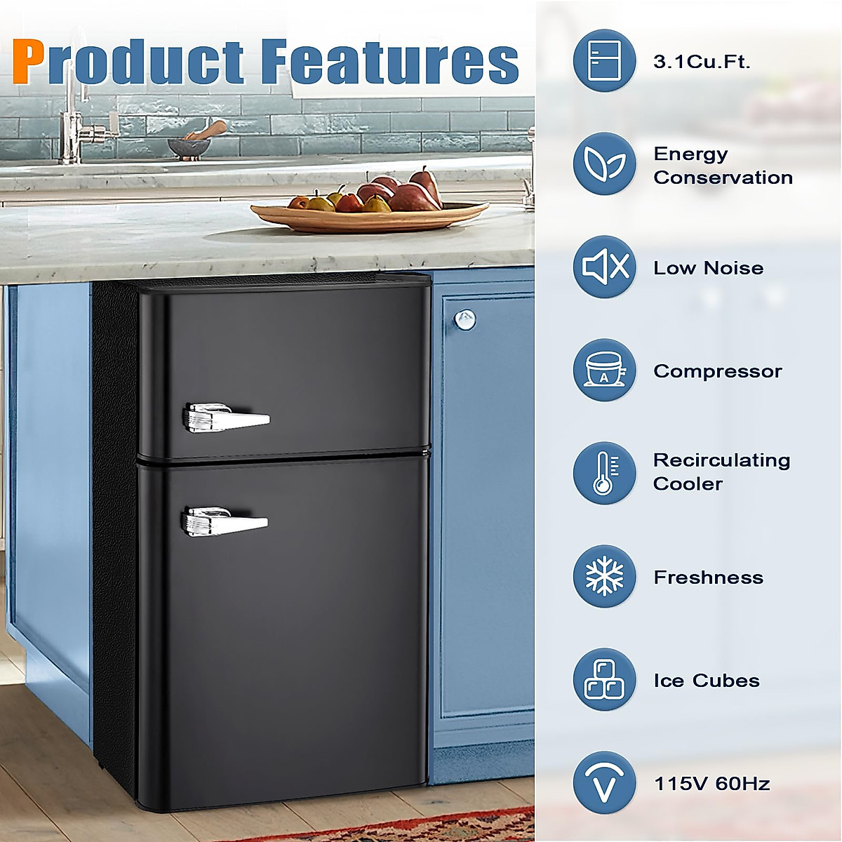 Antarctic Star Mini Fridge 3.1Cu.Ft Compact Refrigerator 2-Doors Freezer Low Noise Defrost Storage of Beverages Vegetables Fruits Kitchen Living Room Office Dormitory Black