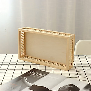 YAHUAN Rectangular Wooden Bamboo Serving Tray with Handles, Handwoven Rattan Decorative Display Serving Platters, Guest Towel Napkin Holder for Dining Bathroom Table Desktop (Rectangular Bamboo)