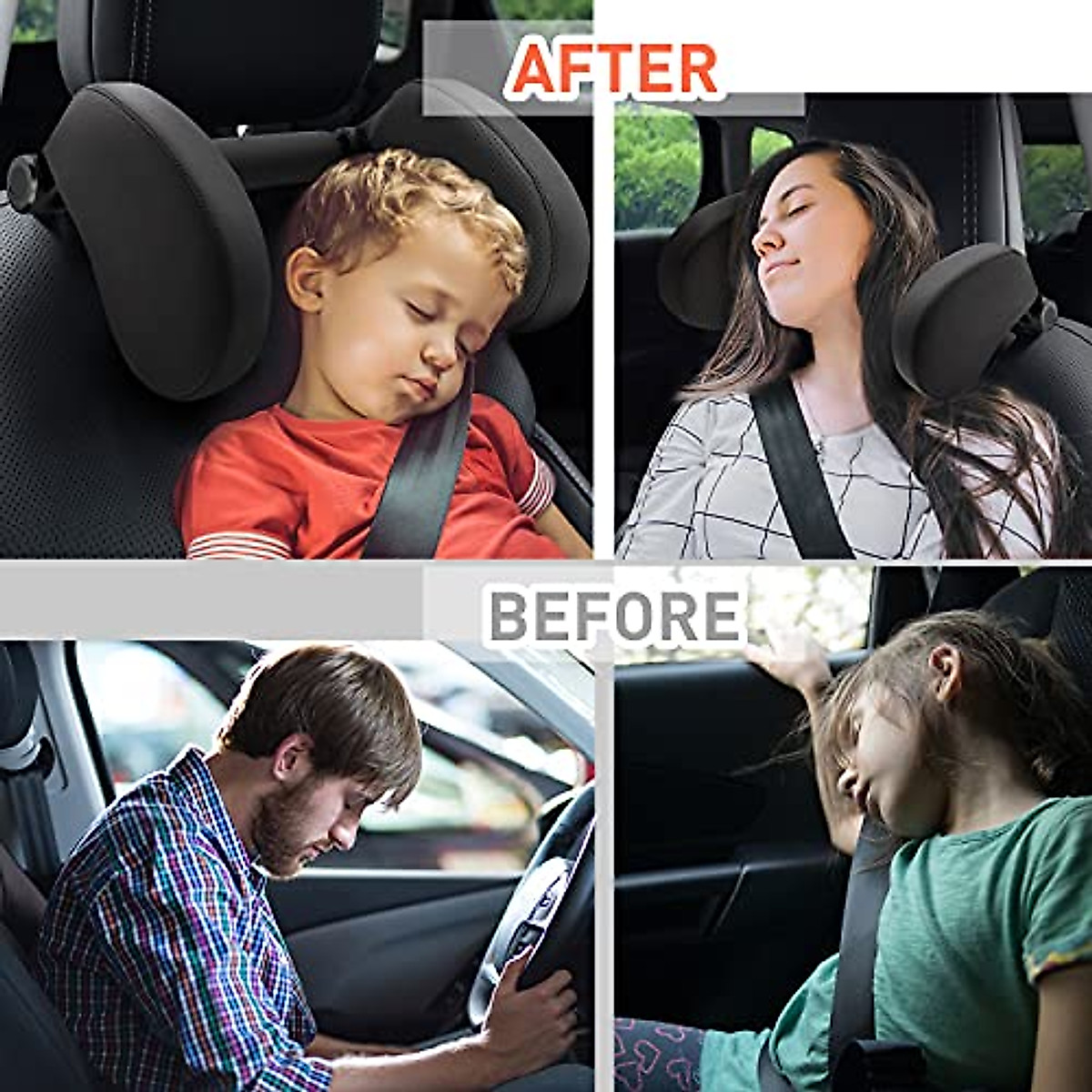 KUNGKIC Car Headrest Pillow,Full Grain Leather,U Shaped Car Seat Adjustable Head Neck Support,Sleeping Travel Car Pillow,Sleep Cushion Car Side Pillow for Kids Adults Elders (Black)
