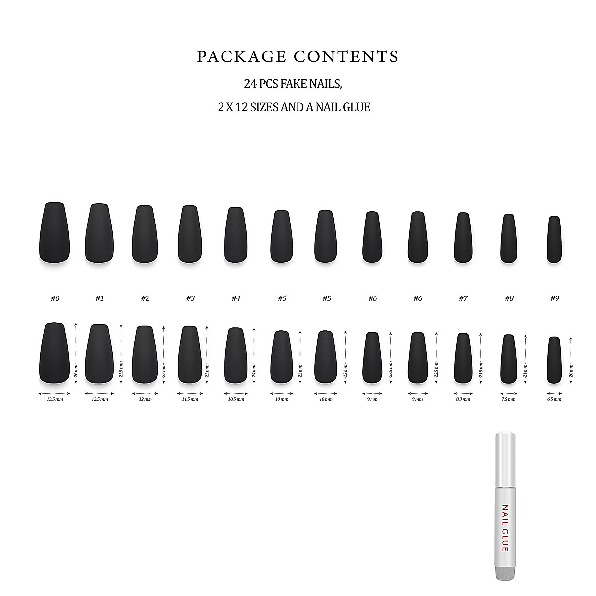 Hypnaughty 24 Pcs Noir Black Matte Luxury Coffin Press on Nails with Glue Medium Long Solid Black Color False Nails (Noir)