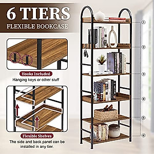 Washsemba 70.8 inch Tall Arched Bookshelf, 6-Tier Open Shelves Arched Bookcase with Adjustable Foot Pads,Industrial Style Storage Rack for Home Office(Black) (6 Tier,Brown)