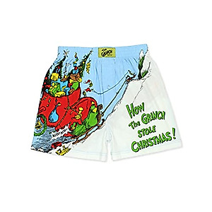 Dr. Seuss How The Grinch Stole Christmas Men's Button Fly Boxer Shorts (Small, Blue)