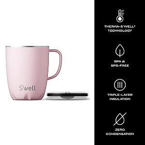 S'well Stainless Steel Mug with Handle, 16oz, Pink Topaz, Triple Layered Vacuum Insulated Containers Keeps Drinks Cold for 10 Hours and Hot for 3, BPA Free