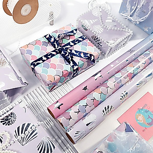 Capesaro Mermaid Wrapping Paper Roll - 17 Inch X 120 Inch Per Roll - 3 Different Design Gift Wrap Paper for Girls,Kids,Birthday, Baby Shower