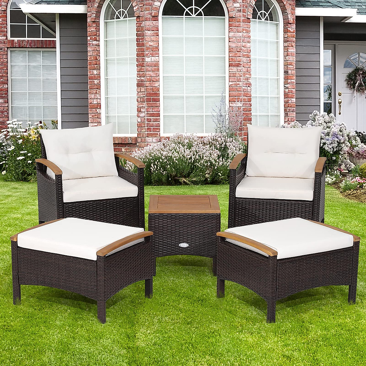 HAPPYGRILL 5 Pieces Patio Furniture Set Outdoor PE Wicker Lounge Chair and Ottoman Set with Cushions and Side Table with Acacia Wood Tabletop, Outdoor Conversation Set for Garden Poolside Backyard