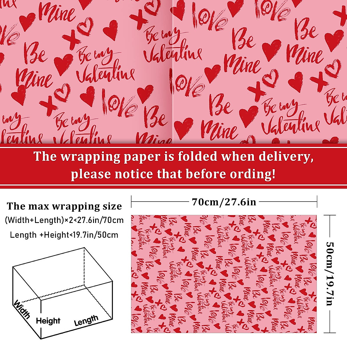 Whaline 12 Sheet Valentine's Day Wrapping Paper Pink Red White Heart pattern Wrapping Paper Love Be Mine Printed Art Paper for Wedding Anniversary Baby Shower Birthday Gift Packing, 19.7 x 27.6 Inch