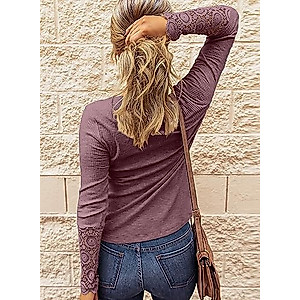 VICHYIE Womens Henley Long Sleeves Tunic Lace Tops V Neck Button Neck Casual Slim Fit Blouses Cute Shirts Red Small