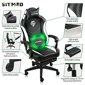 SITMOD Gaming Chair with Footrest-PC Computer Ergonomic Video Game Chair-Backrest and Seat Height Adjustable Swivel Task Chair for Adults with Headrest and Lumbar Support(Black-White)-PU Leather