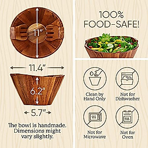Wooden salad bowl set with serving forks mixing - magnetic serving utensils attached to large acacia wood bowl for 6-8 helpings - unique wood bowl - strong and leak proof with fabric bag