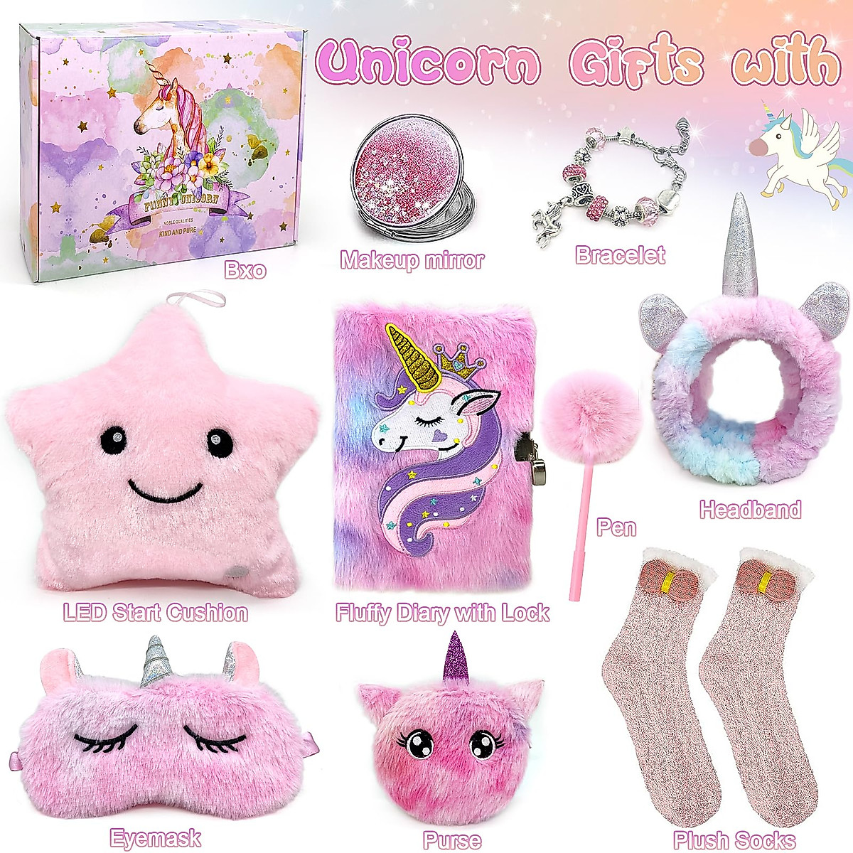 Lobimelan Unicorns Gifts for Girls Toys 6 7 8 9 10 Year Old Tie-Dye Playset Includes Star Stuffed Mirror Diary Eyemask Headband Purse Pen Bracelet and Sock