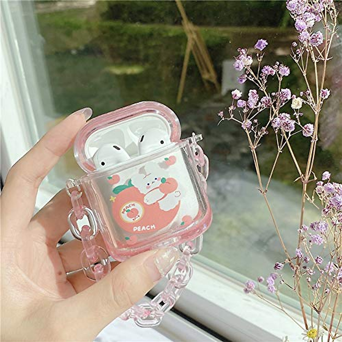 SGVAHY Cute AirPod Case for Apple AirPods 1&2 Kawaii Clear Liquid Sequins AirPod Case Cover Silicone Protective AirPod Case 1st 2nd Generation Wireless Charging Box with Color Chain (Bunny Peach)