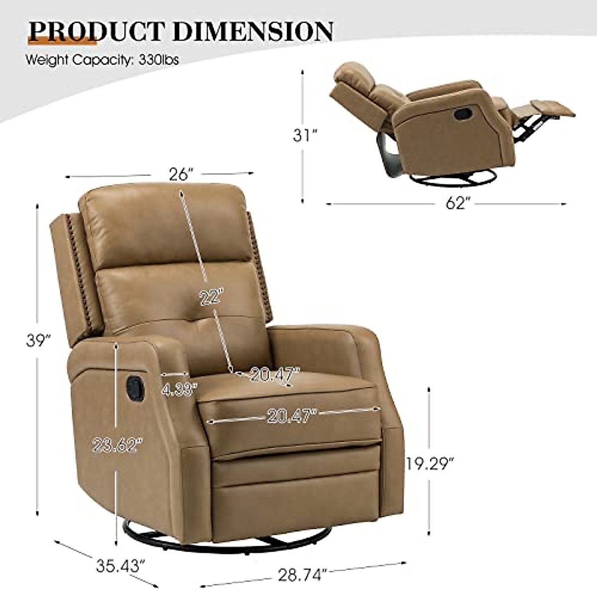 HULALA HOME Genuine Leather Swivel Rocker Recliners Set of 2 with Adjustable Backrest & Footrest, Manual Glider Recliners with 360° Swivel Base, Home Theater Sofa Chairs for Living Room, Taupe