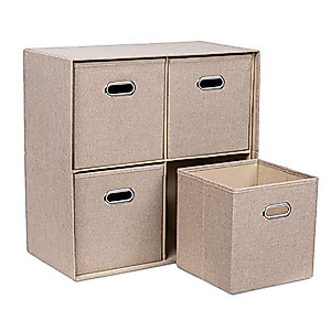 BIRDROCK HOME Cream Linen Cube Organizer Shelf with 4 Storage Bins – Strong Durable Foldable Shelf – Kid Toy Clothes Towels Cubby – Collapsible Bedroom Fabric Shelves and Cubes