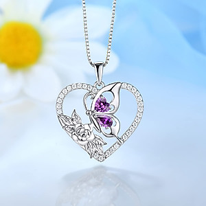 YL Women's Butterfly Necklace 925 Sterling Silver Flower Rose Pendant Created Amethyst Halo Jewelry