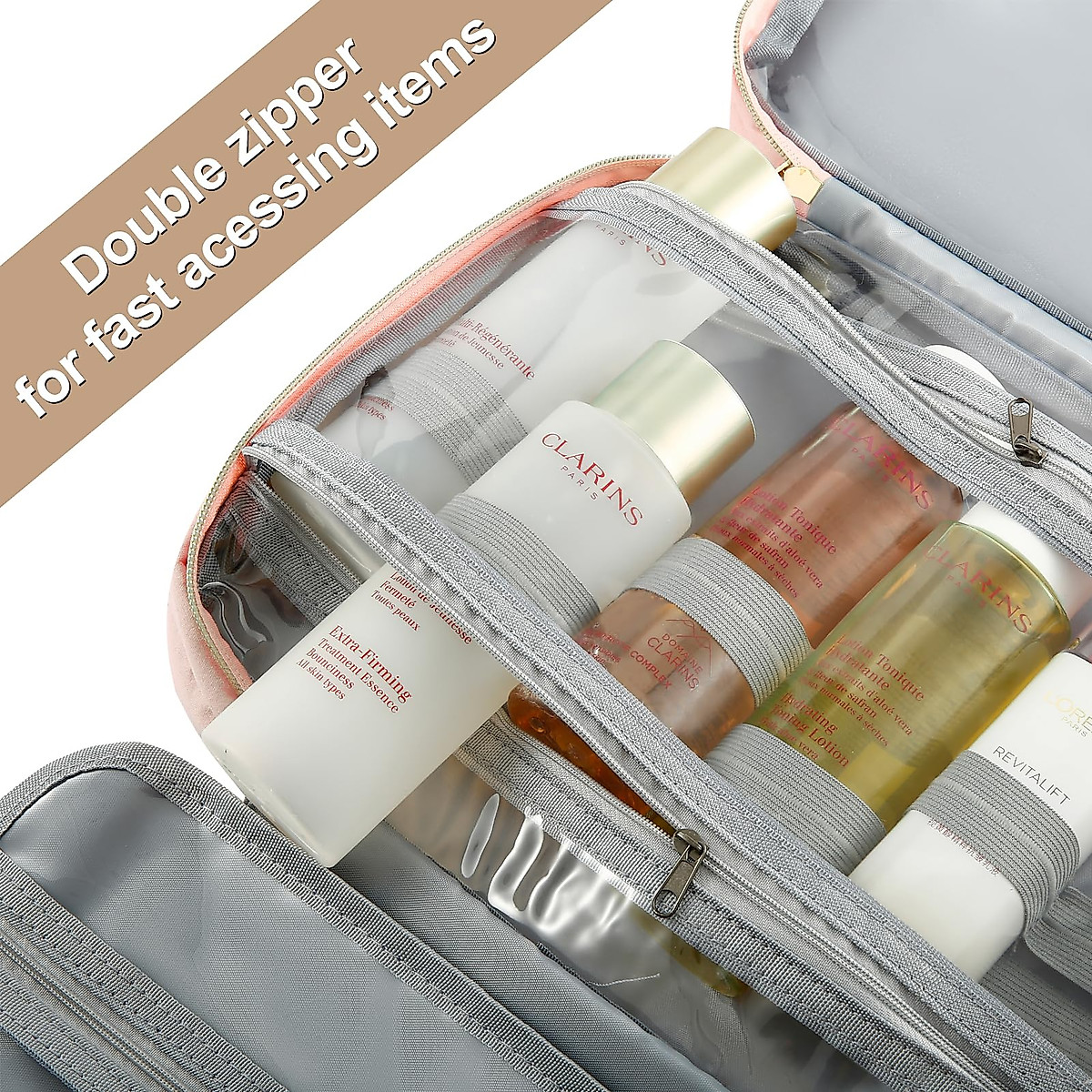 WOOMADA Toiletry Bag with Hanging Hook, Travel Toiletry Bag, Large Travel Makeup Bag Cosmetic Organizer for Brushes Set, Shampoo, Full Sized Container for Women(Black2)