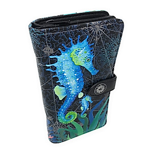 Shag Wear Sea Horse Large Wallet for Women and Teen Girls Vegan Faux Leather Black 7"