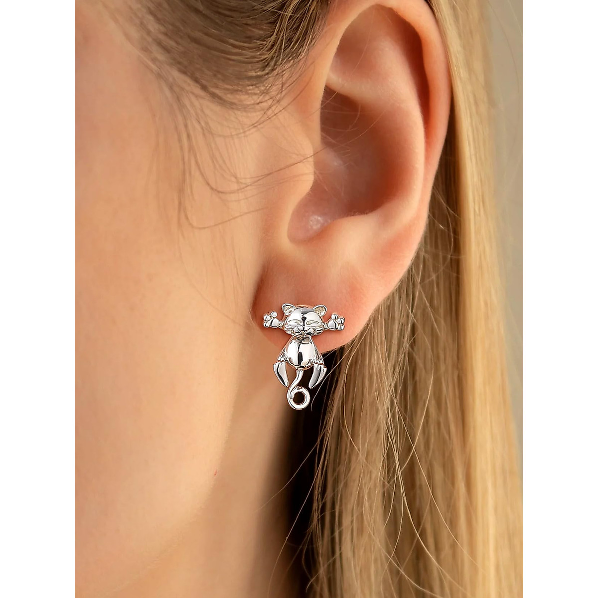 925 Silver Cute Cat Earrings Stud Solid Sterling Jewelry " Kiss me Hug Me" 3D Kitten Ear Jacket Earring for Women Teen Girls