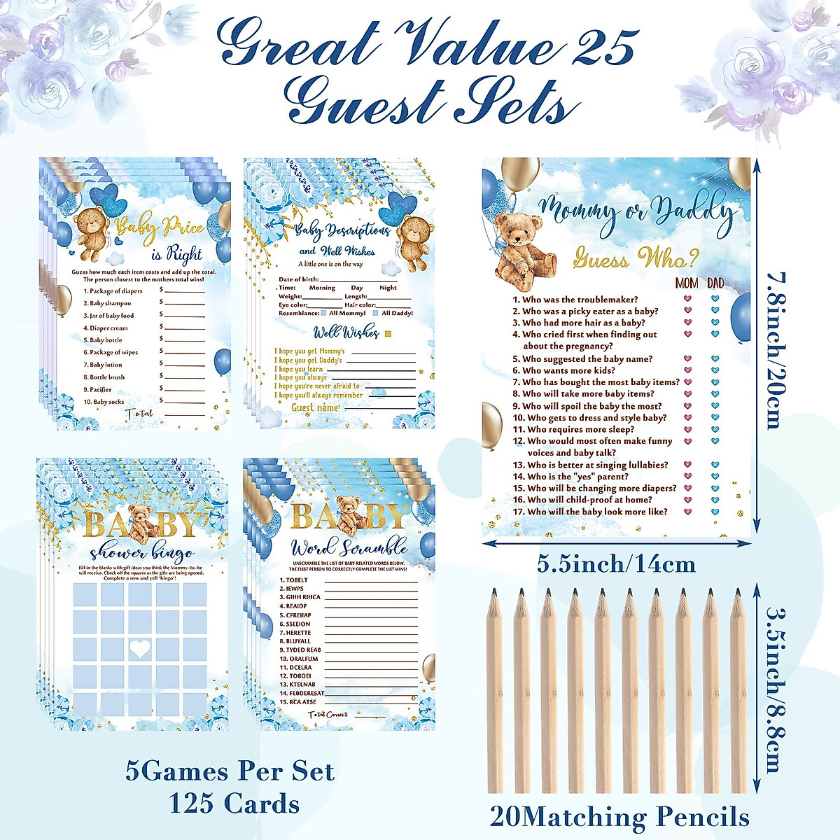 125 Pcs Bear Baby Shower Games for Boy Girl 5 Game Activities Bear Cards with 20 Pencils Includes Baby Bingo Guess Who Baby Price is Right Description Word Scramble Game(Blue)