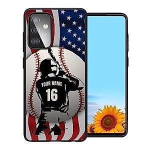 Personalized Baseball Player Name Number America Flag Design Rubber Cover Phone Case for Samsung Galaxy A53 5G/A03S/A02S/A10E/A12/A13/A32/A33/A42/A51/A52/A71 Custom Baseball Phone case