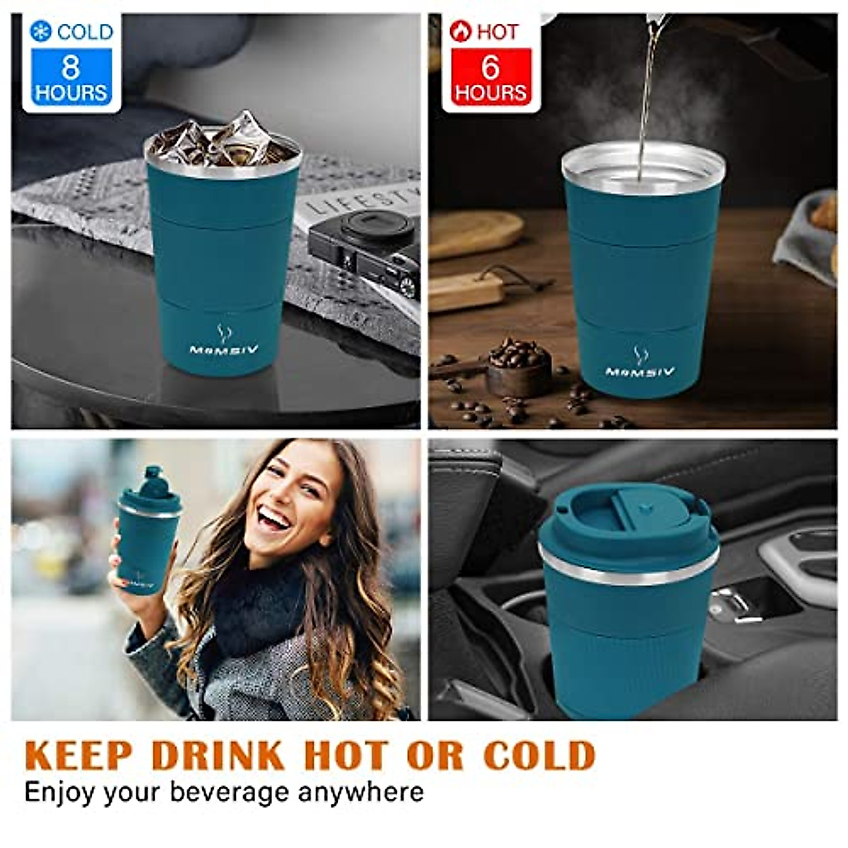 MOMSIV 12oz Travel Mug, Insulated Coffee Cup with Leakproof Lid, Travel Coffee Mug Vacuum Stainless Steel Double Walled Reusable Coffee Cup for Hot and Cold Water Coffee(Blue - 380ml)