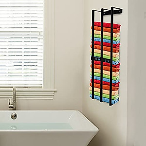 LVOERTUIG Wall Towel Rack for Rolled Towels with 4 Hooks, Towel Holder Towel Racks for Bathroom Wall Mounted, Bathroom Towel Storage, Metal Bath Towel Holder for Washcloths (Black)