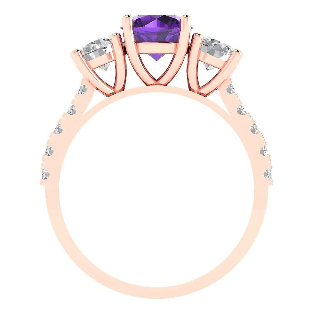 Clara Pucci 2 ct Round Cut Solitaire 3 stone accent Natural Amethyst gemstone Designer Anniversary Bridal Engagement Ring 14k Rose Gold