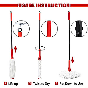 Self Wringing Mop with 2 Washable Heads, JEHONN Wet Mop for Floor Cleaning Heavy Duty, Upgraded 57.5 inches Long Handle Twist Mop for Hardwood Vinyl Tile Marble Laminate Home Office Kitchen (Red)