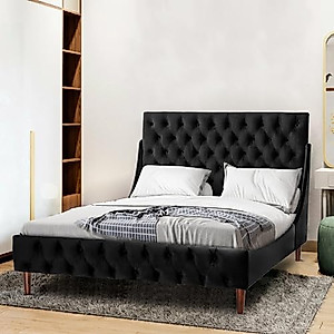 affeivul King Bed Frame and Headboard, King Size Platform Bed Frame No Box Spring Needed, Upholstered Bed Frame King with Cotton and Velvet, Low Storage, Modern Design and Wood Slats - Black