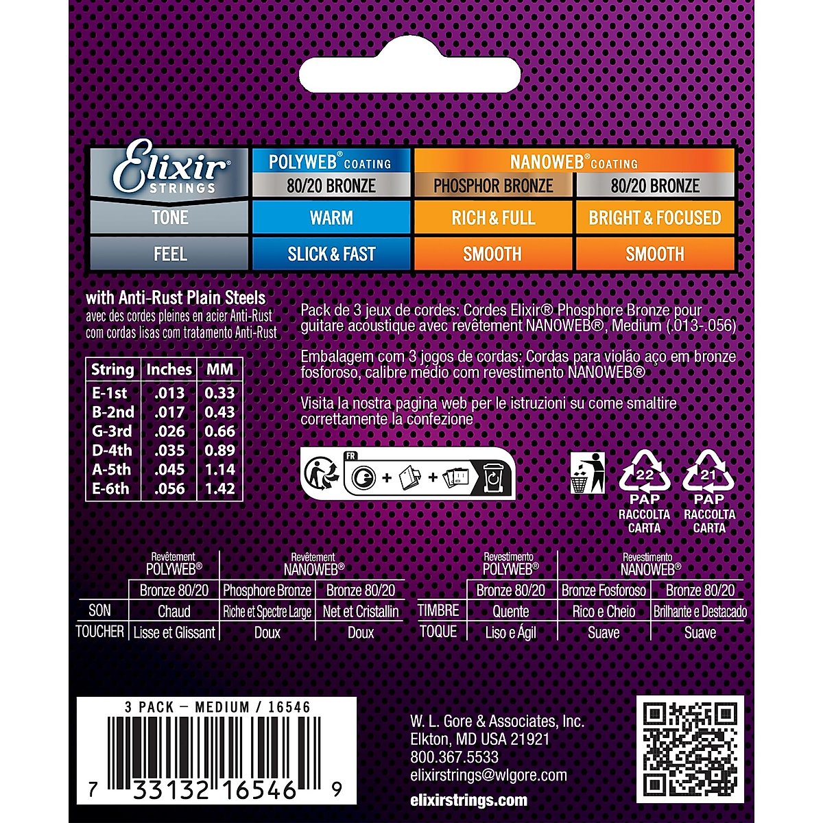 Elixir Strings, Acoustic Guitar Strings, Phosphor Bronze with NANOWEB Coating, Longest-Lasting Rich and Full Tone with Comfortable Feel, 6 String Set, 3 Pack, Medium 13-56