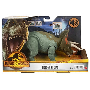 Mattel Jurassic World Dominion Roar Strikers Dinosaur Action Figure with Roaring Sound & Attack Action, Triceratops Dino Toy Includes Digital Play