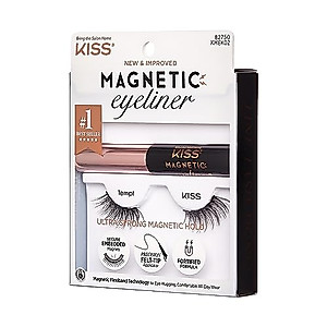 KISS Magnetic Eyeliner & Lash Kit, Tempt, 1 Pair of Synthetic False Eyelashes With 5 Double Strength Magnets and Smudge Proof, Biotin Infused Black Magnetic Eyeliner with Precision Tip Brush