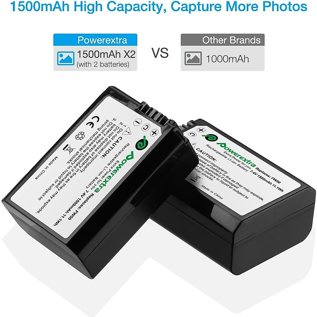 Powerextra 2 Pack Replacement NP-FW50 Battery Compatible with Sony ZV-E10,Alpha A6000, A6500, A6300, A7, A7II, A7SII, A7S, A7S2, A7R, A7R2, A7RII, A55, A5100, RX10, RX10II Digital Camera