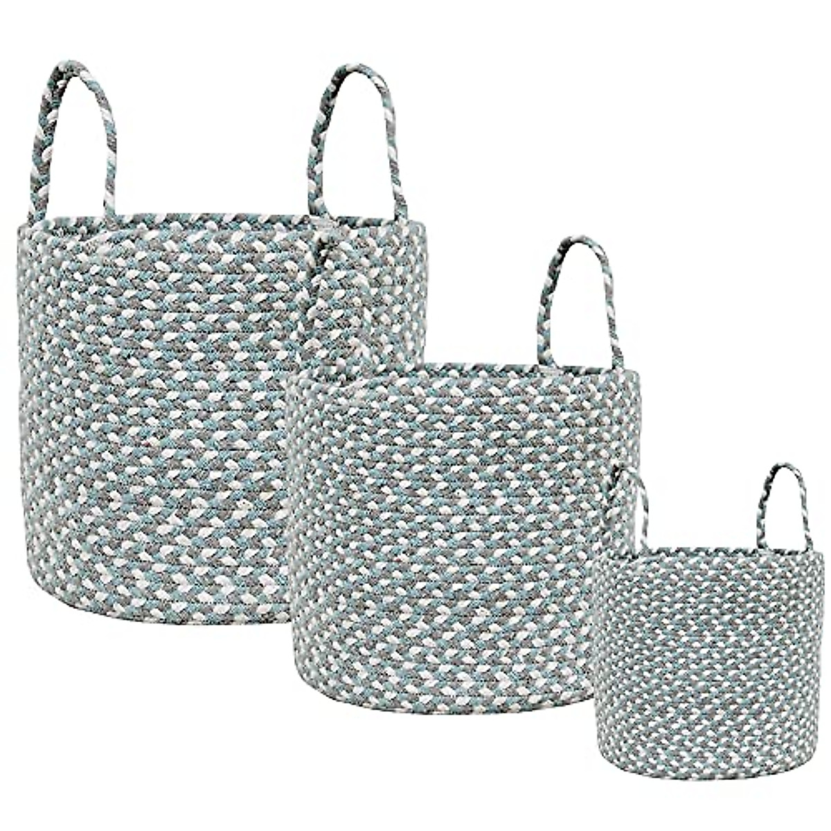 Super Area Rugs Farmhouse Plant Basket/Planter Multi Purpose Open Top Bin with Handles, Cotton Rope Basket, 8-inch, 10-inch and 12-inch Teal, White, Gray