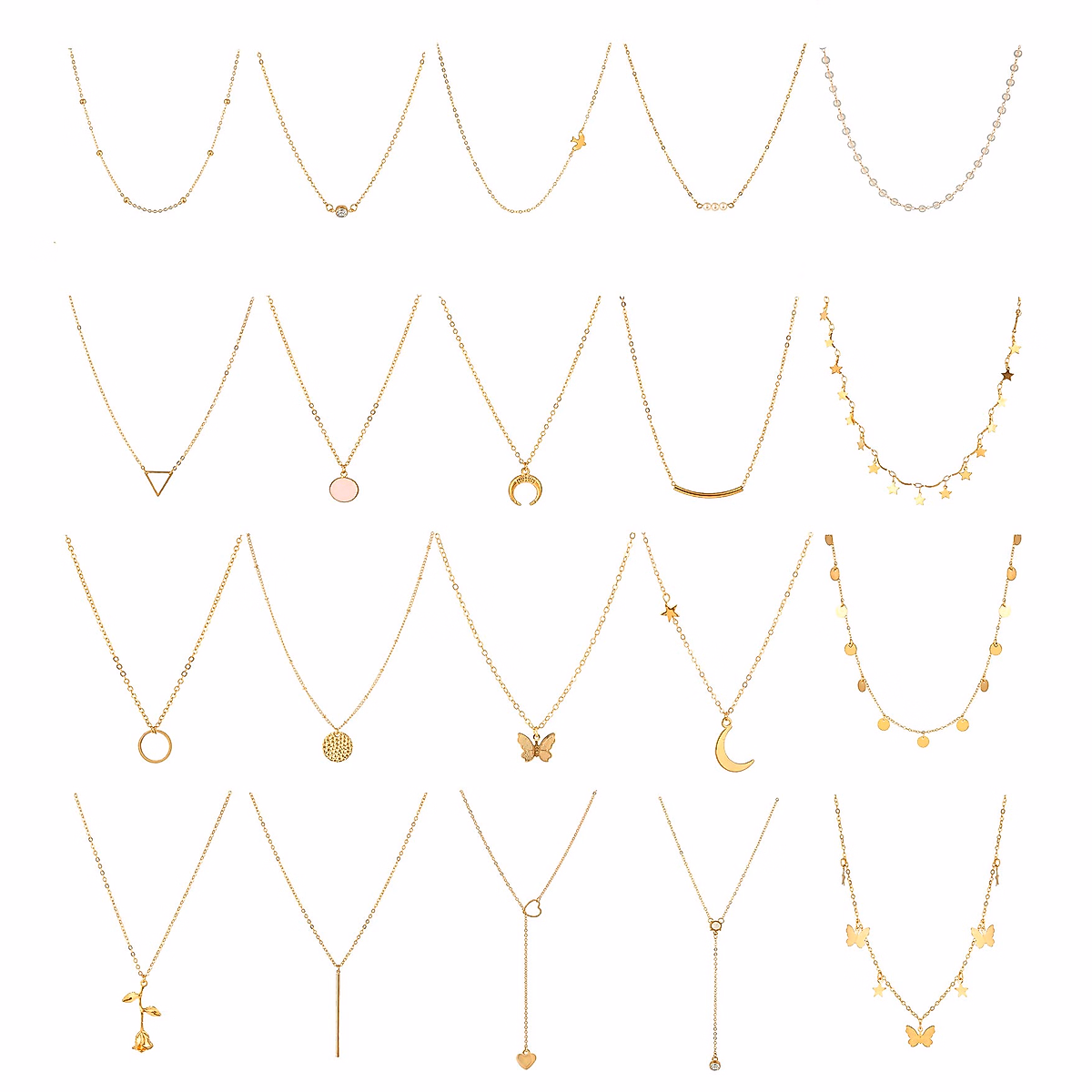 Honsny 20PCS 14K Gold Plated Choker Necklaces for Women, Dainty Gold Diamond Coin Pearl Pendant Simple Chain Necklace Set Cute Gold Layered Necklaces for Women Teen Jewelry Gifts