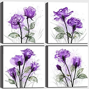Flower Wall Art for Bathroom Bedroom Kitchen Decor Rustic Roses Purple Floral Canvas Art for Home Farmhouse Decoration Rustic Watercolor Floral Pictures Framed Canvas Art Print 4 Pieces Ready to Hang