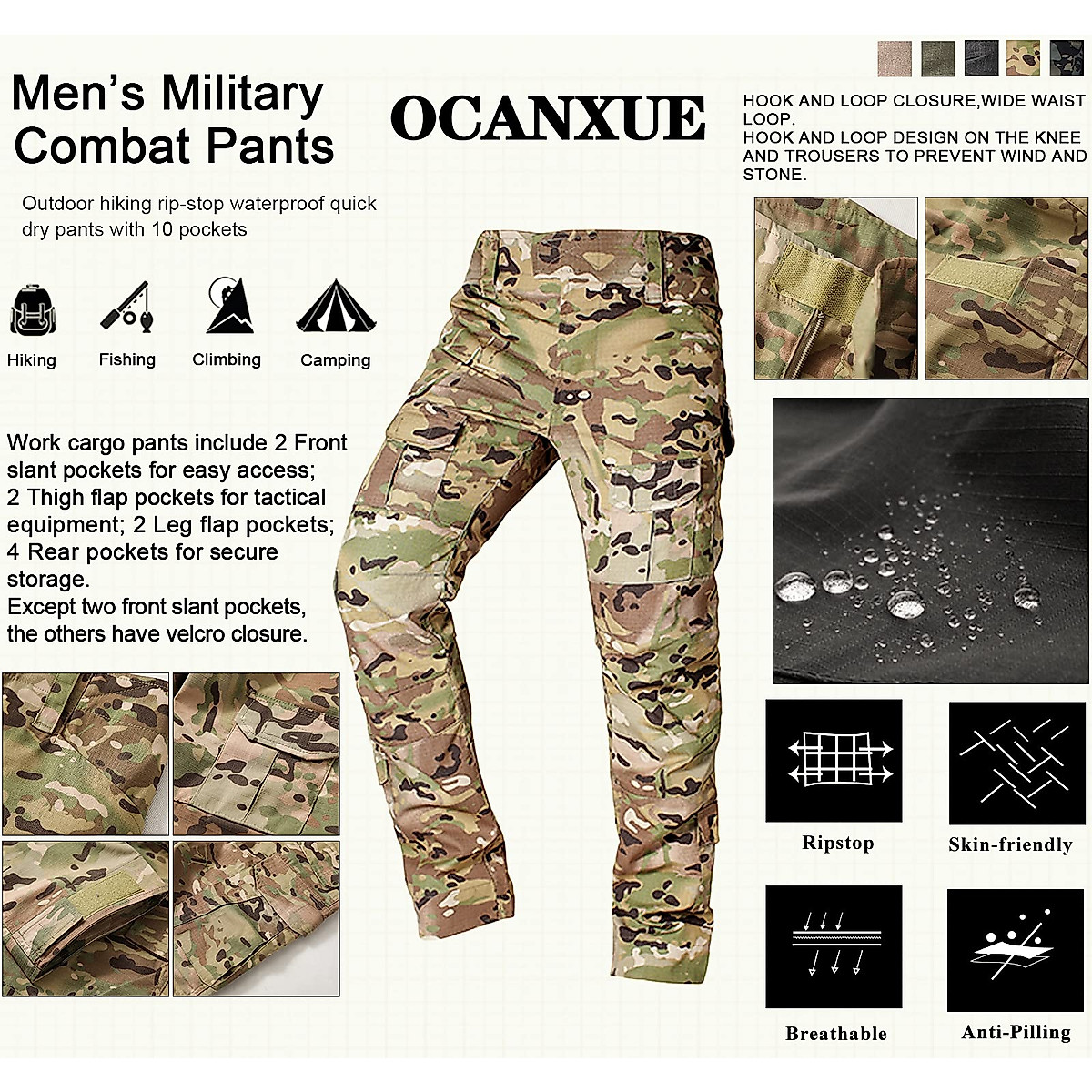 OCANXUE Men's Tactical Pants Camo Cargo Pants Ripstop Work Hiking Pants with 10 Pockets No Belt Size 36