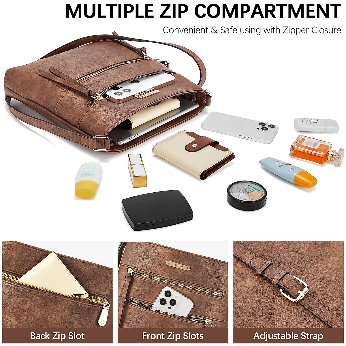 BOSTANTEN Crossbody Bags Purses for Women Trendy Soft Leather Shoulder Handbags with Adjustable Strap Zipper Pocket