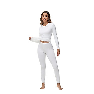 Womens Thermal Tops Long Sleeve Crew Neck Shirts Women's Ultra Warm Underwear for Cold Weather White-S