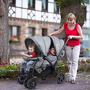 BABY JOY Double Stroller, Foldable Lightweight Twin Stroller with Tandem Seating, Adjustable Backrest/Canopy/Footrest, 5-Point Harness, Storage Basket, Double Stroller Newborn and Toddler (Gray)