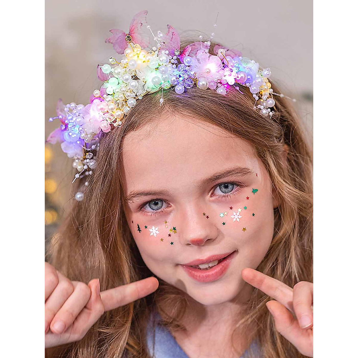 Yean Light up Butterfly Fairy Headband Pearl Princess Tiara LED Crystal Festival Hair Accessories for Women and Girls