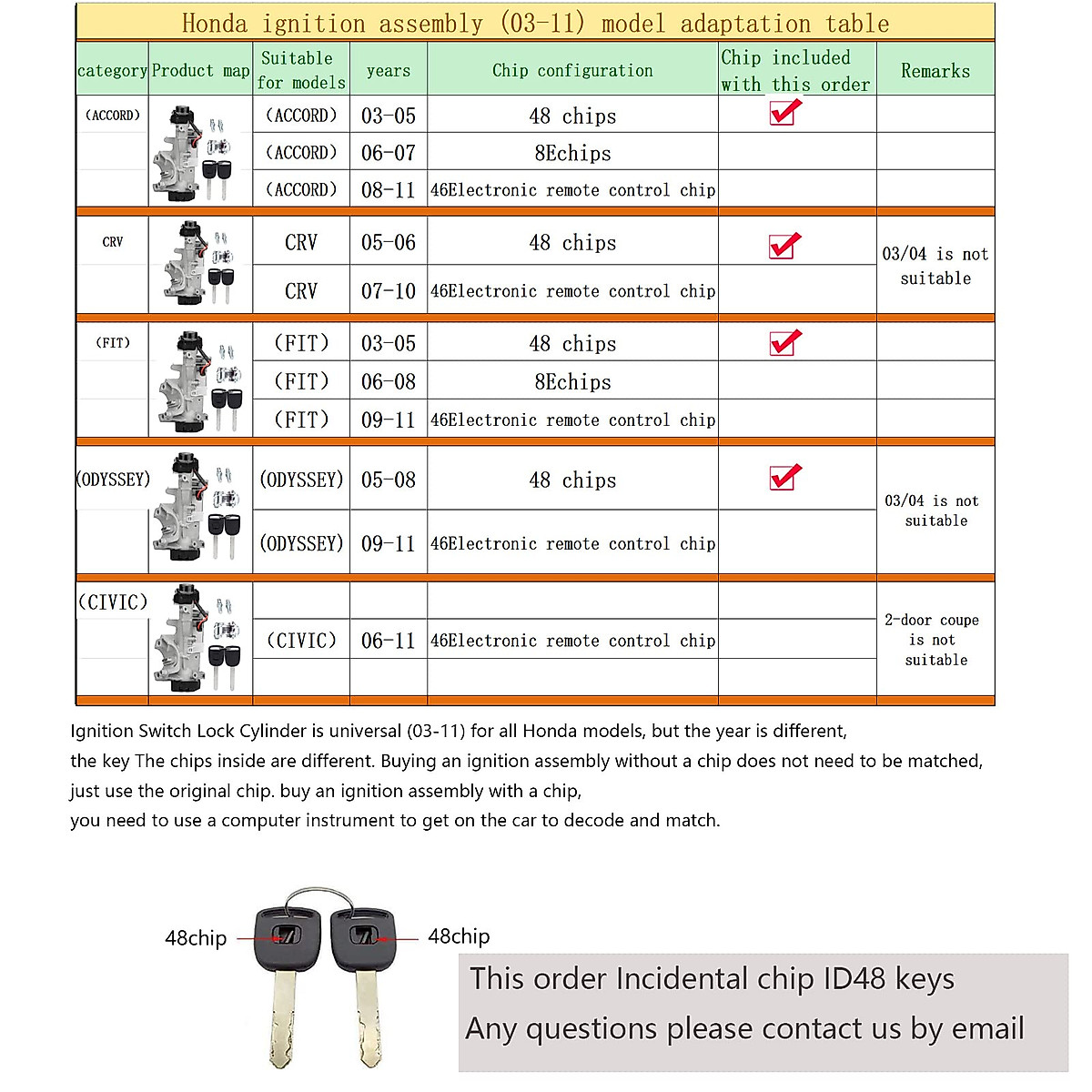Ignition Switch Lock Cylinder Assembly for Honda Accord Civic with Keys (chip ID48),Replace : 06350-SAA-G30, 35100-SDA-A71