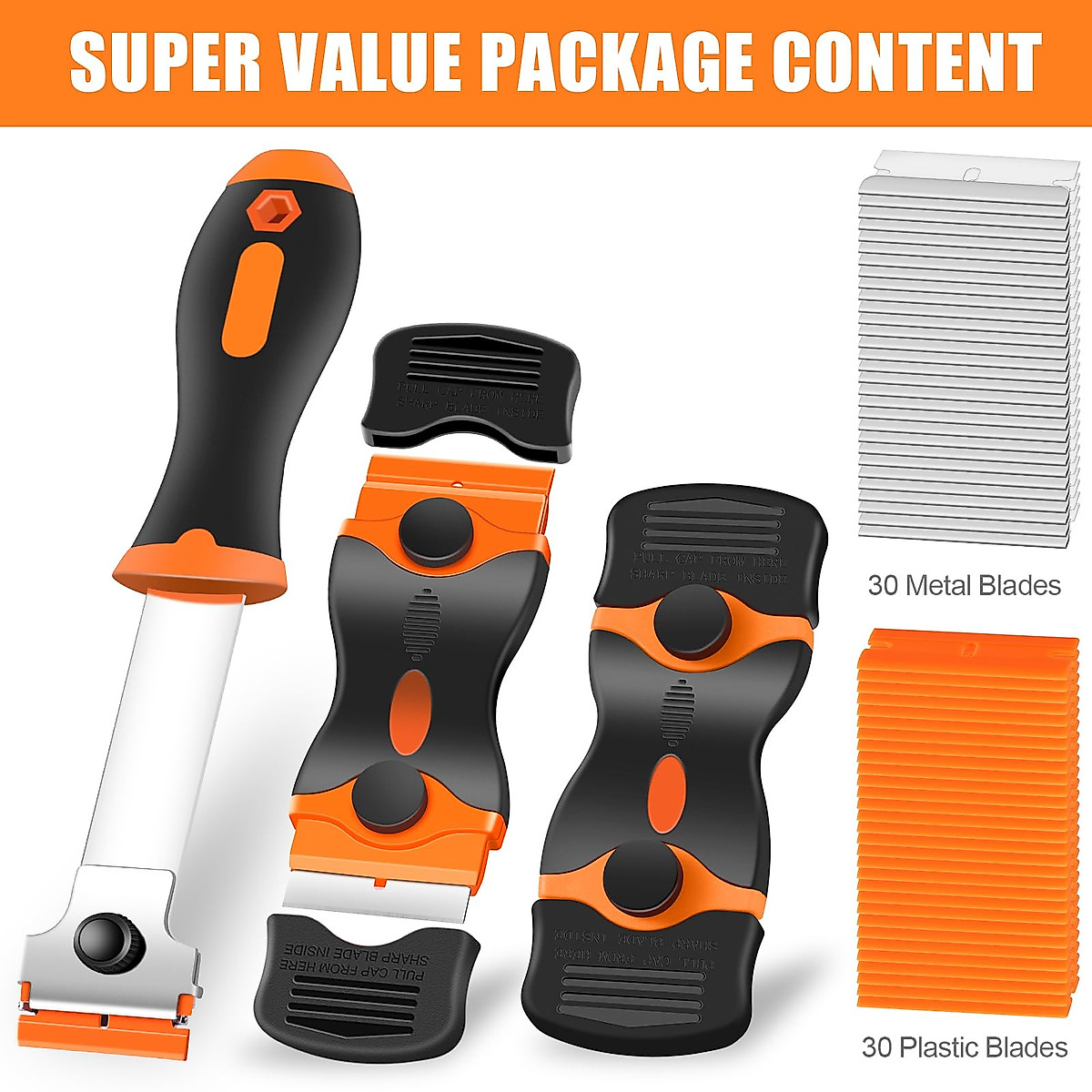 NECAMOCU 3 Pack Razor Blade Scraper, Premium Cleaning Scraper Tool with 60 PCS Metal & Plastic Razor Blades, Multi-Purpose Glass Scraper for Windows, Sticker, Decals, Cooktop, Paint Removal (Orange)