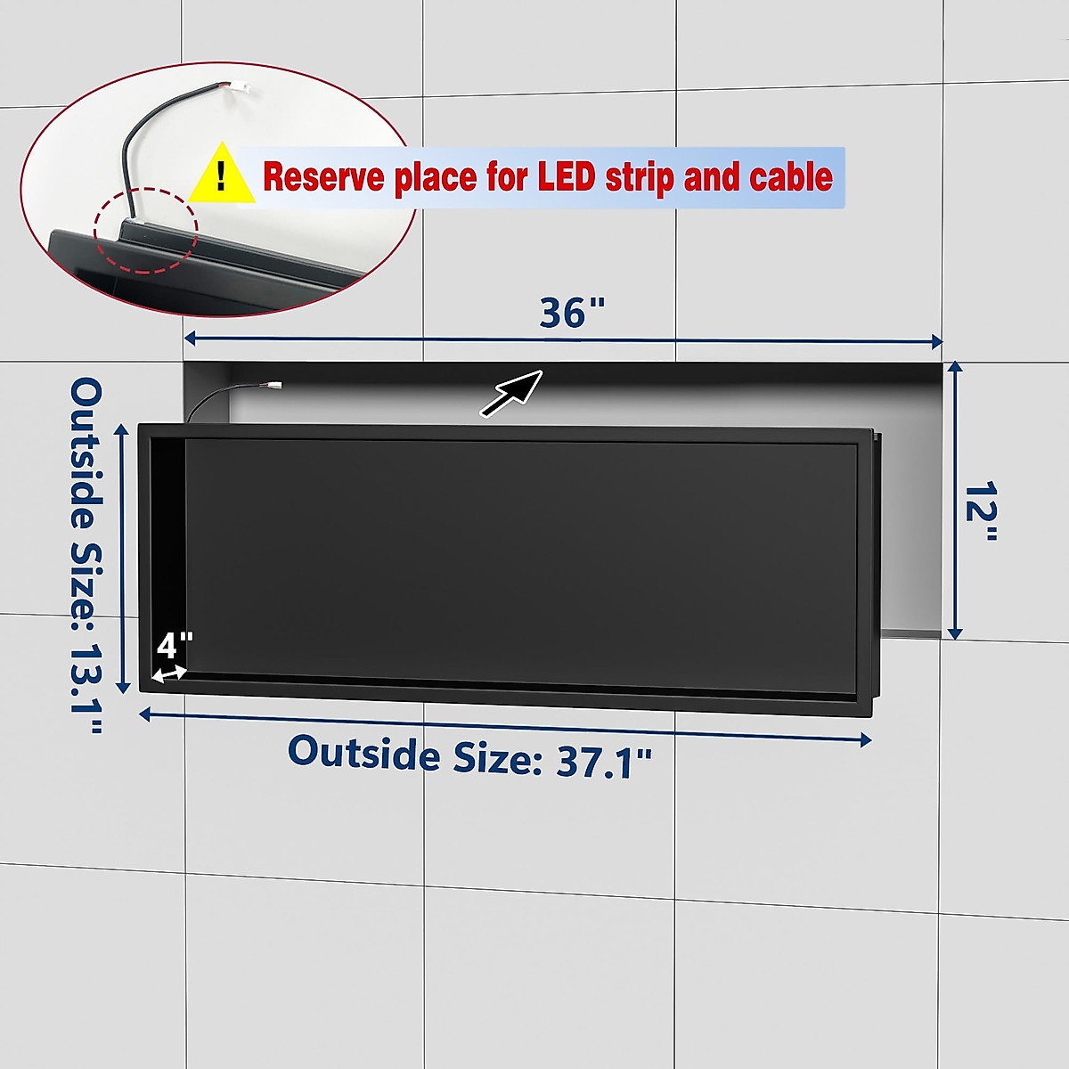 Neodrain Non-dimmable LED Light Shower Niche, Matte Black Wall Niche, 36"X12", Stainless Steel Bathroom Niche with LED Tube, Recessed Shower Niche Cubby for Shampoo, No Tile Needed